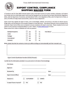Fillable Online tamiu Export control compliance shipping waiver form ...