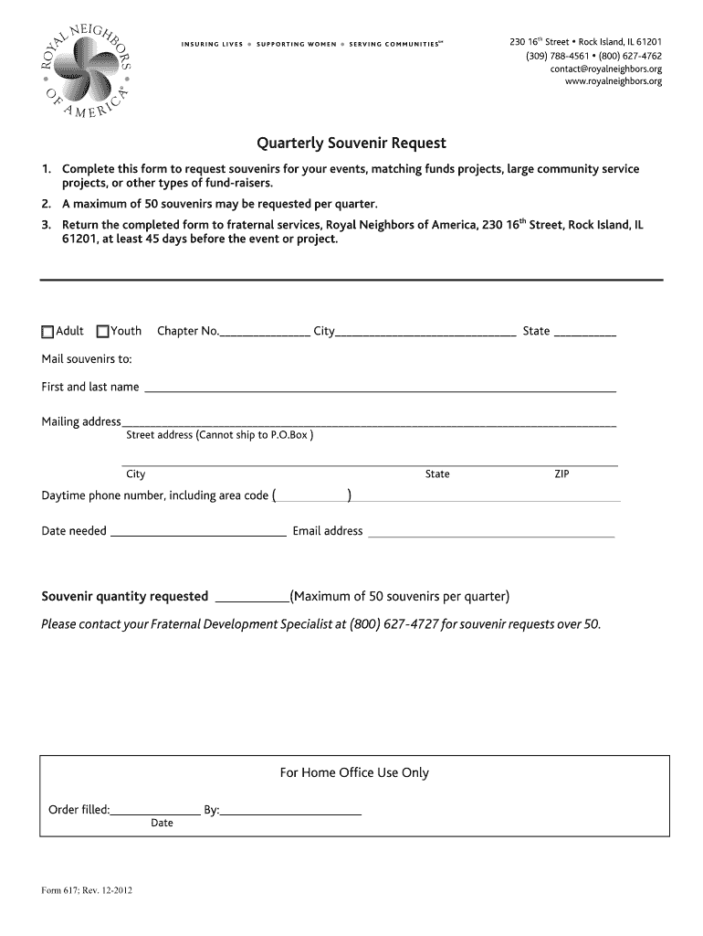 Fillable Online royalneighbors Request for Souvenirs - Royal Neighbors ...
