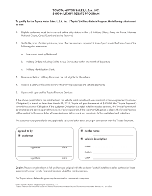 Fillable Online Toyota motor sales usa inc 400 military rebate program ...
