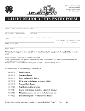 Fillable Online lancaster unl 4-H HOUSEHOLD PETS ENTRY FORM Fax Email ...