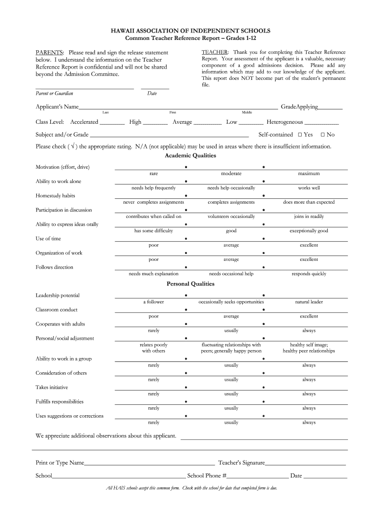 Hawaii Teacher Reference Fill Online Printable Fillable Blank PdfFiller