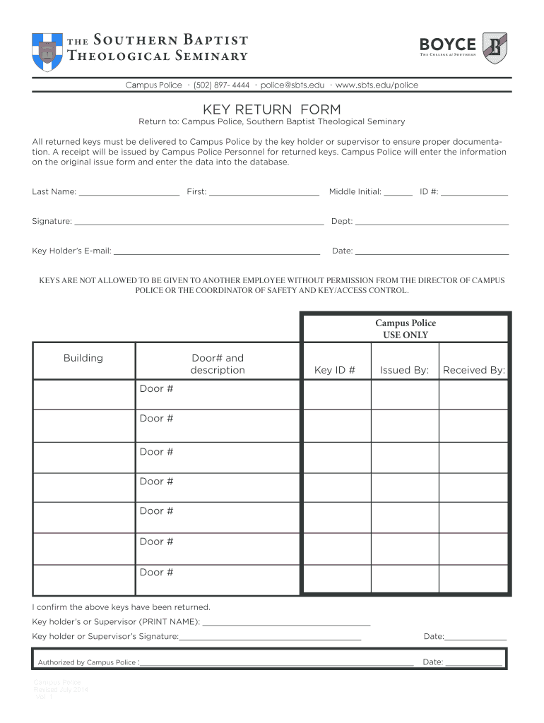 Fillable Online KeY ReTuRN FoRm - The Southern Baptist Theological ...