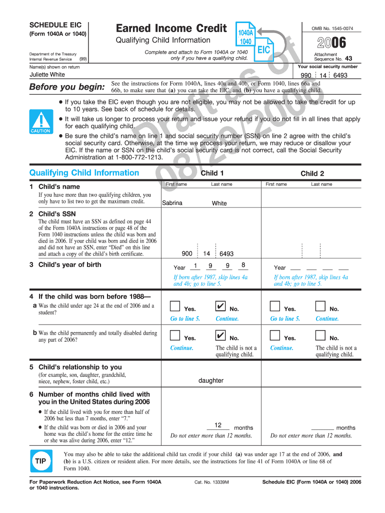 Fillable Online 2006 Form 1040 (Schedule EIC). Earned Income Credit Fax Email Print - pdfFiller