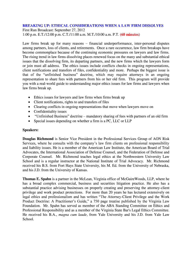 Fillable Online vtbar BREAKING UP ETHICAL CONSIDERATIONS WHEN A LAW ...