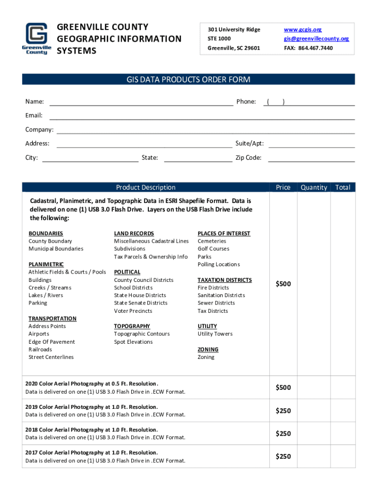 Fillable Online GIS DATA PRODUCTS ORDER FORM - Greenville County GIS ...