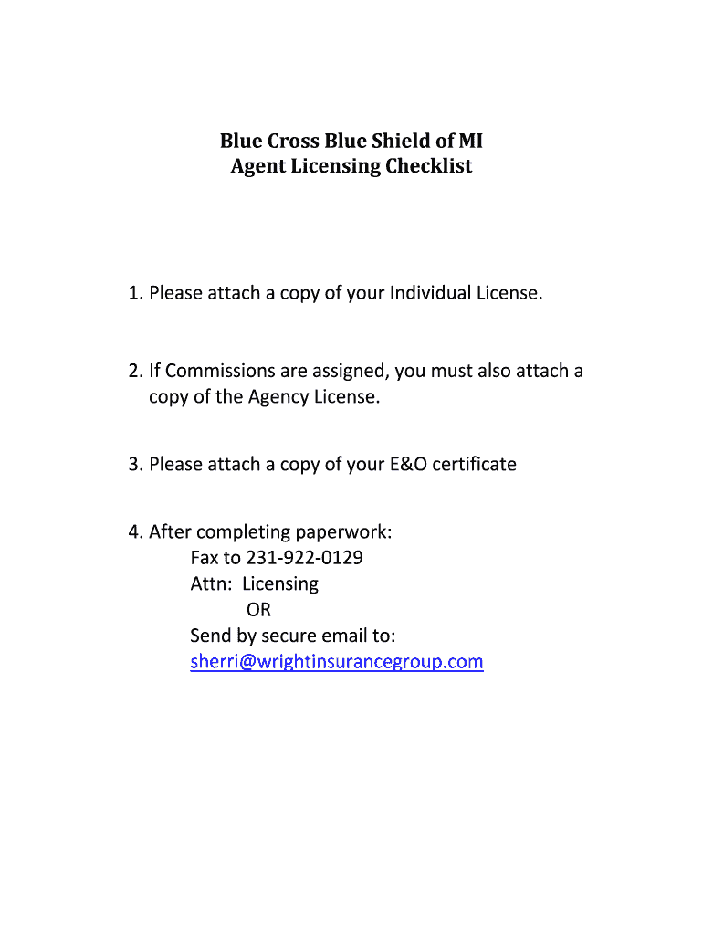 Fillable Online Blue Cross Blue Shield of MI Agent Licensing Checklist ...