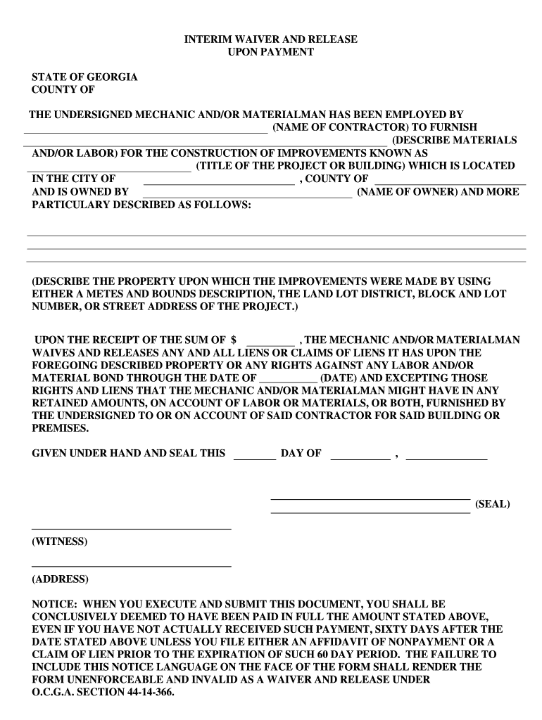 Fillable Online Interim bLien Waiverb - JM Wilkerson Construction Fax ...