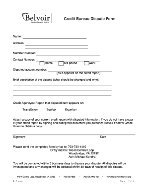 Fillable Online belvoircreditunion Credit Bureau Dispute Form - Belvoir Federal Credit Union ...