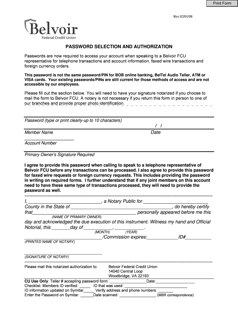 Fillable Online belvoircreditunion Password Selection and Authorization ...