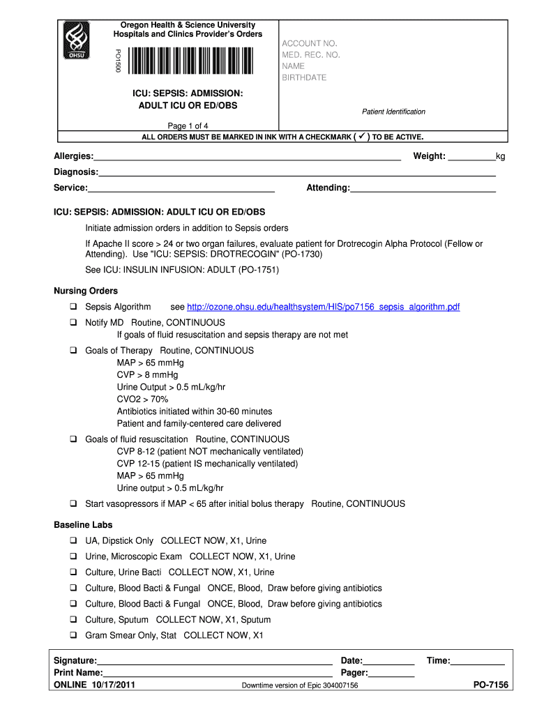 Fillable Online ICU: SEPSIS: ADMISSION: Fax Email Print - pdfFiller