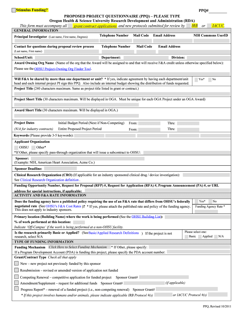 Fillable Online ohsu Proposed project questionnaire - Oregon Health amp ...