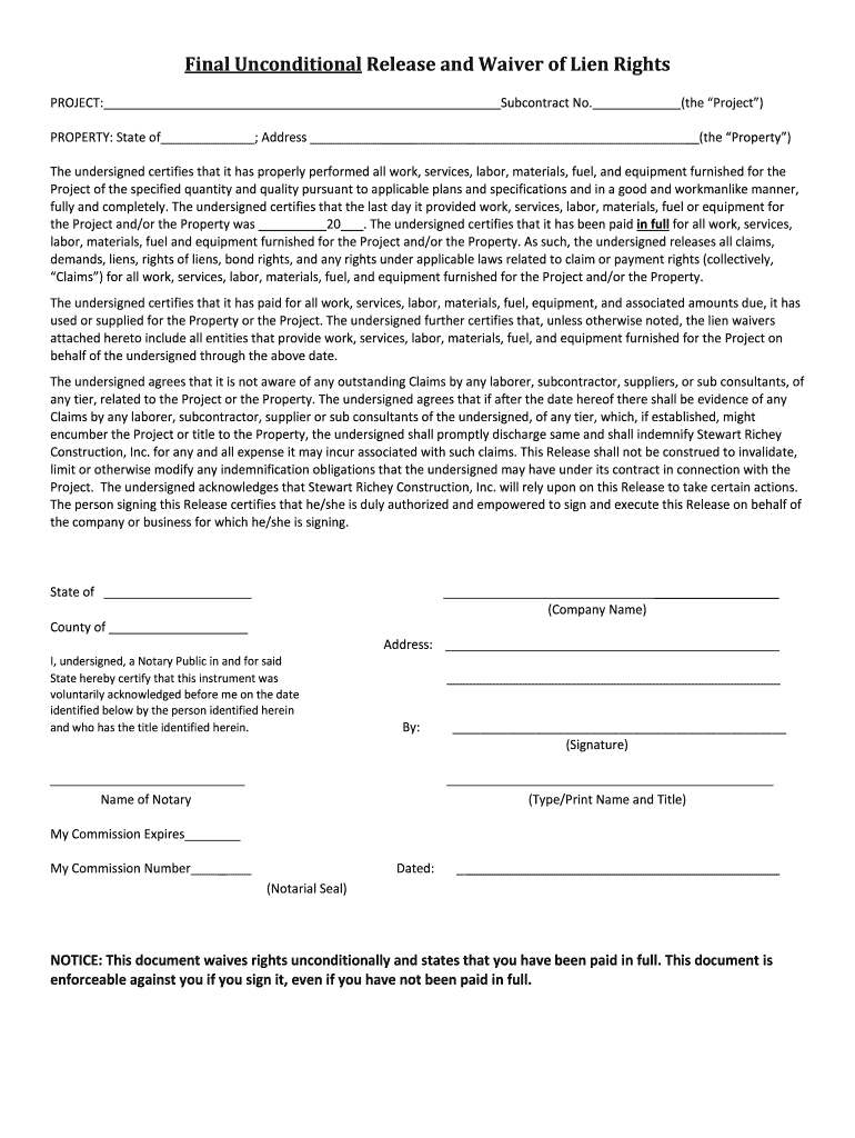 Fillable Online BFinalb Unconditional Release and bWaiver of Lienb bb ...