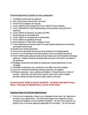 Fillable Online Personal Appointment Checklist (tax return preparation ...