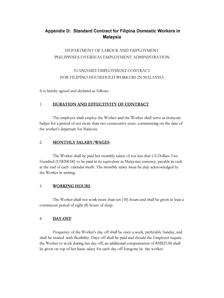 Fillable Online Appendix D: Standard Contract for Filipina Domestic ...