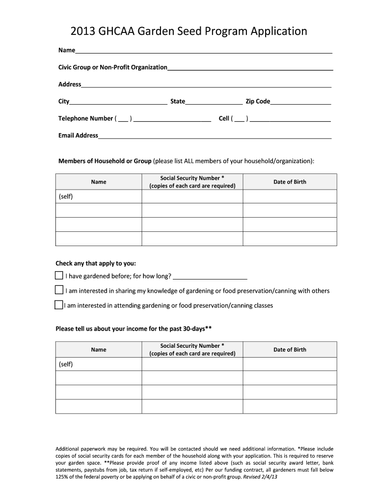 Fillable Online ghcaa 2013 GHCAA Garden Seed Program Application Fax ...