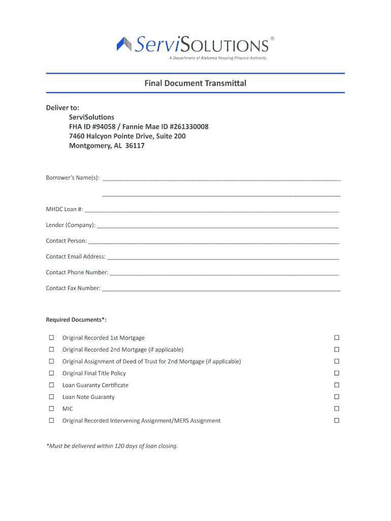 Fillable Online Final Document Transmittal - ServiSolutions Fax Email ...