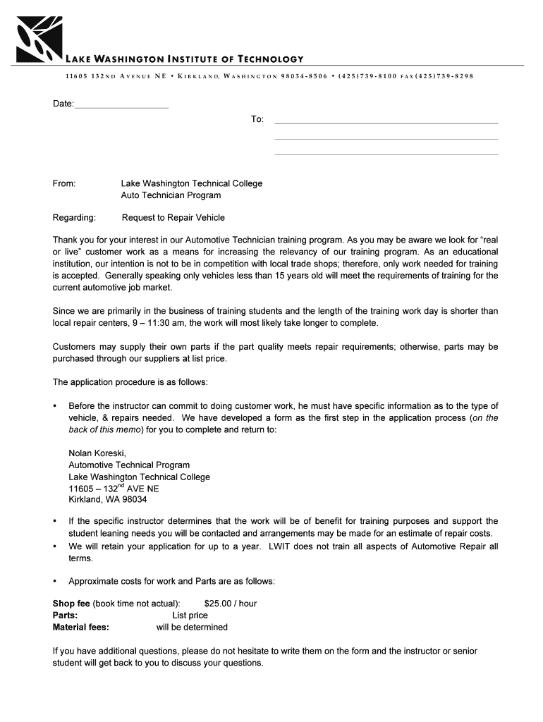 Fillable Online lwtech Request to Repair Vehicle (pdf) - Lake ...