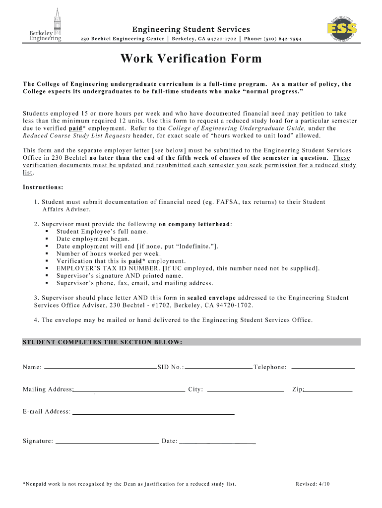 Fillable Online engineering berkeley Work Verification Form - Berkeley ...