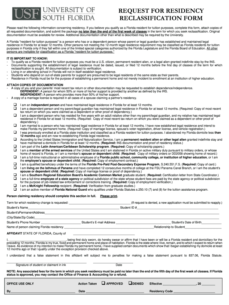 Fillable Online Request for residency reclassification form - University of South Florida Fax ...