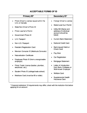 Fillable Online ACCEPTABLE FORMS OF ID Primary ID Secondary ID Fax ...