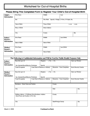 Fillable Online gentlebirth Worksheet for Out-of-Hospital Births ...