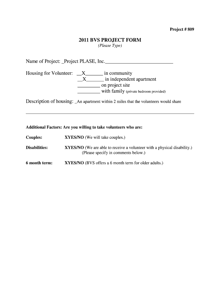 Fillable Online brethren 2011 BVS PROJECT FORM Name of Project: Project ...