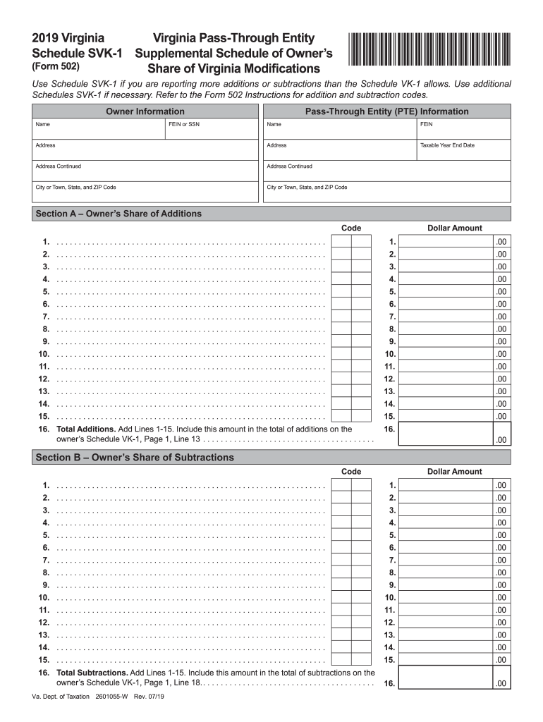 Fillable Online 2019 Schedule SVK-1 - Pass-Through Entity ...