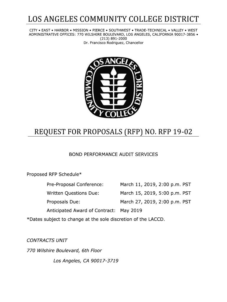 Fillable Online REQUEST FOR PROPOSALS (RFP) NO. RFP 19-02. BOND PERFORMANCE AUDIT SERVICES Fax ...
