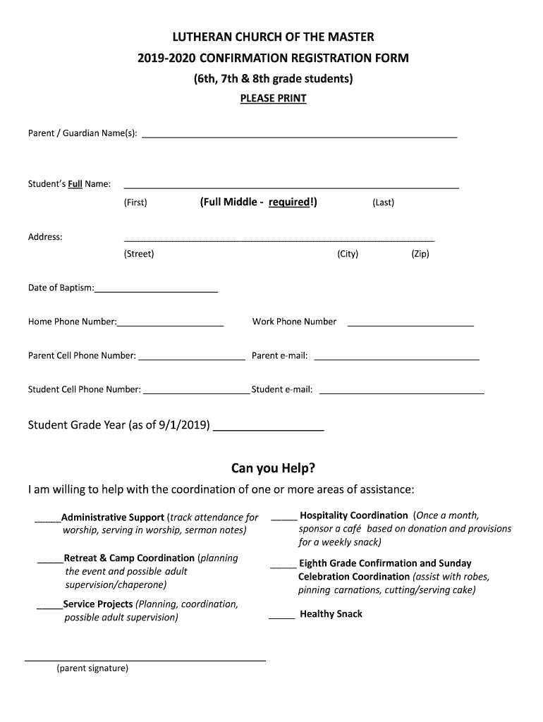 Fillable Online LUTHERAN CHURCH OF THE MASTER CONFIRMATION REGISTRATION ...