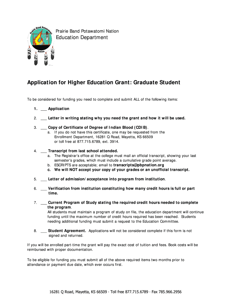 Fillable Online Application for Higher Education Grant: Graduate ...