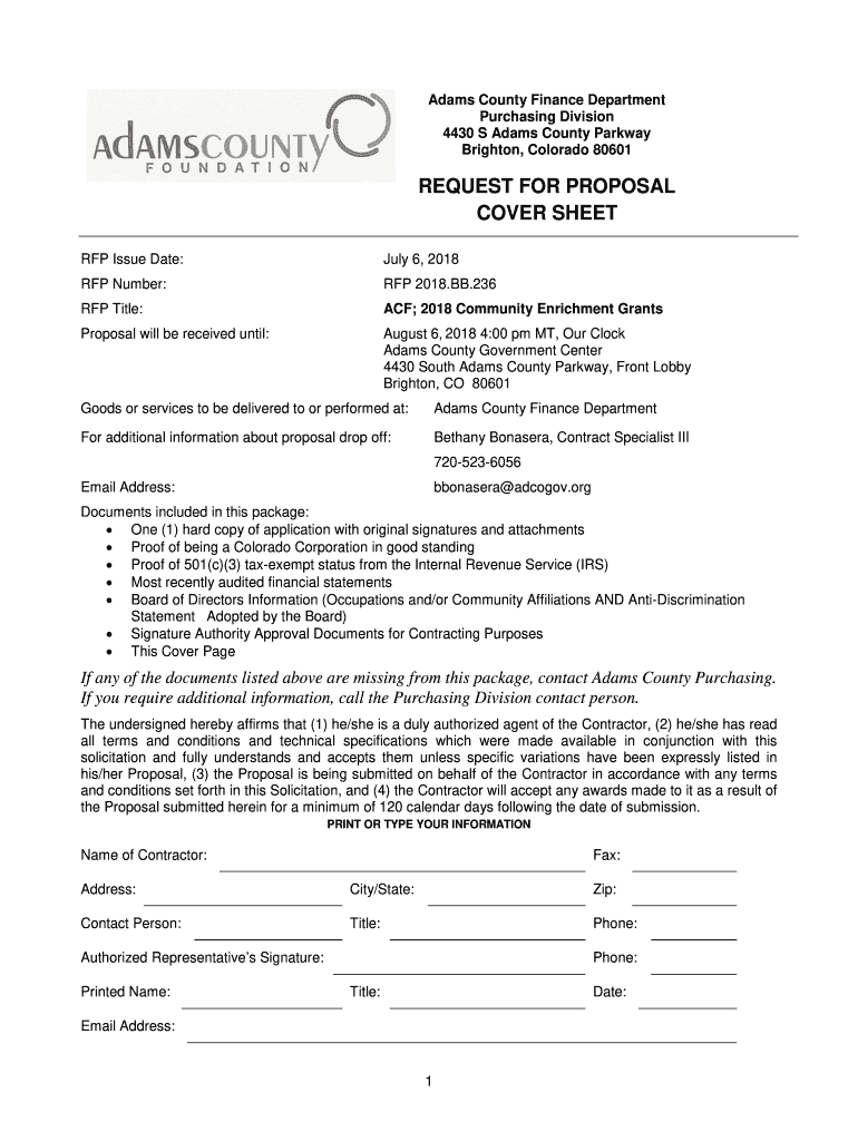 Fillable Online REQUEST FOR PROPOSAL COVER SHEET - Adams County ...