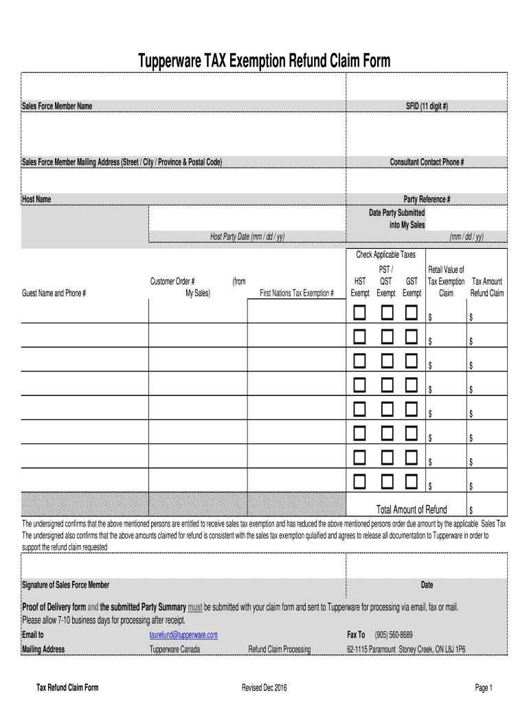 Fillable Online Tupperware Native Tax Exemption Refund Claim Form en ...