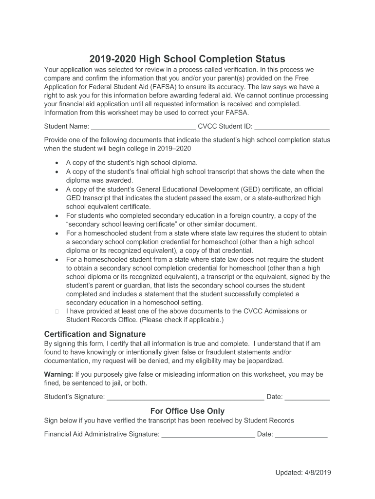 Fillable Online 2019-2020 High School Completion Verification Worksheet ...