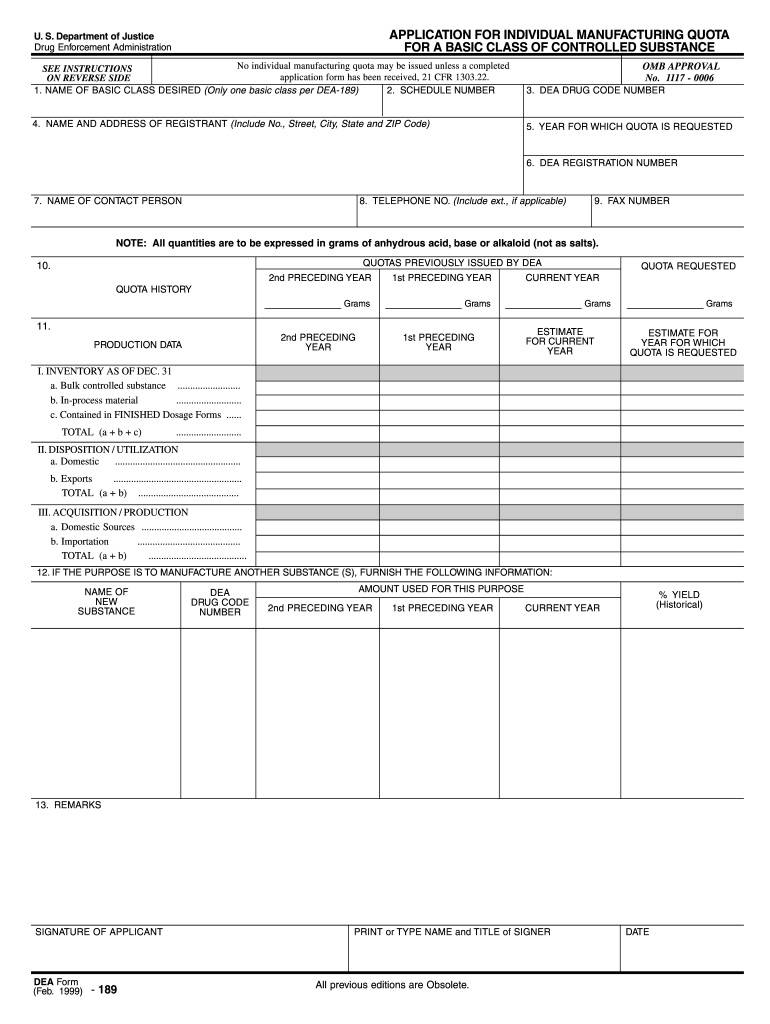 Fillable Online DEA Form 189. Application For Individual Manufacturing ...