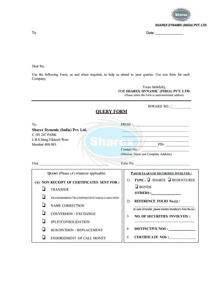 Fillable Online QUERY FORM - sharexindia.com Fax Email Print - pdfFiller