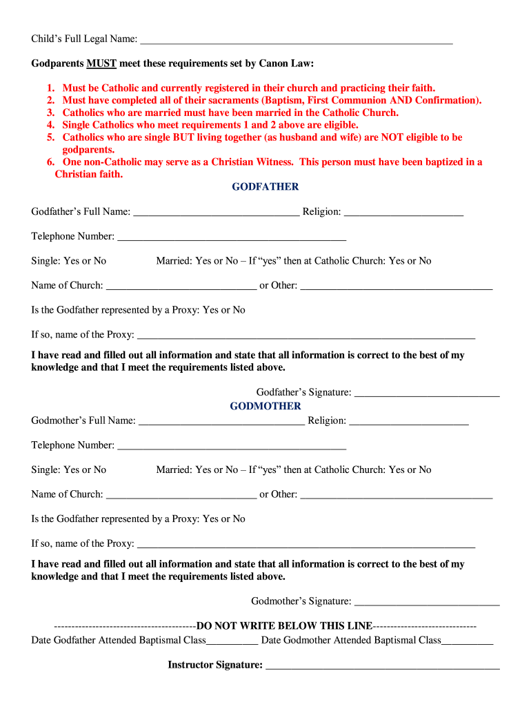 Fillable Online Godparents MUST meet these requirements set by Canon ...
