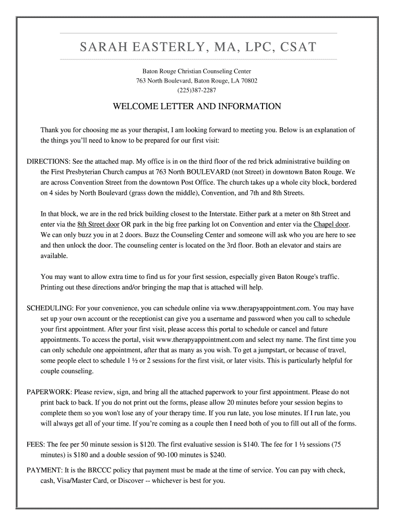 Fillable Online SARAH EASTERLY, MA, LPC, CSAT Fax Email Print - pdfFiller