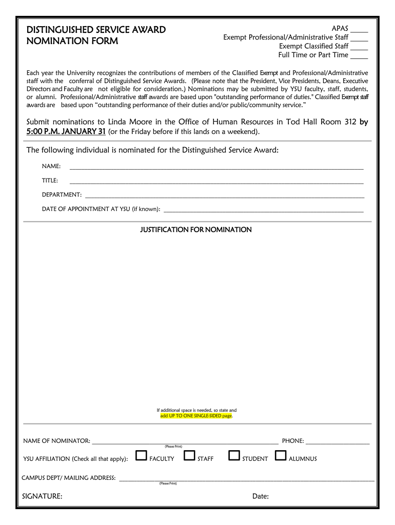 Fillable Online distinguished service award nomination form - YSU Fax Email Print - pdfFiller