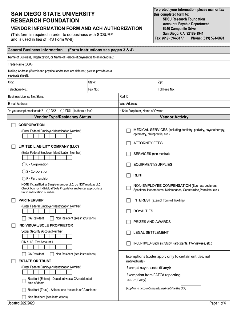 Fillable Online Vendor Information Form and ACH Authorization - SDSU ... Fax Email Print - pdfFiller