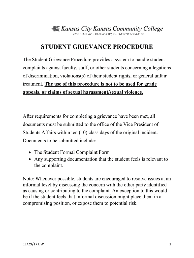 Fillable Online The Student Grievance Procedure provides a system to ...