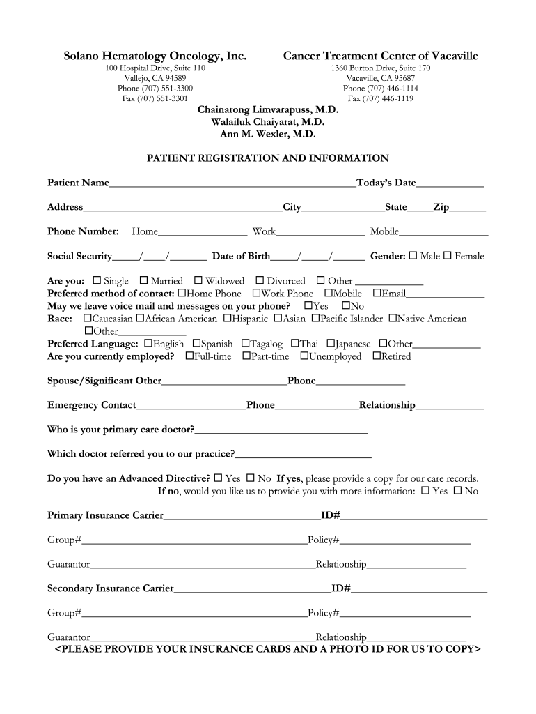 Fillable Online Solano Hematology Oncology, Inc. Cancer Treatment Center ... Fax Email Print ...