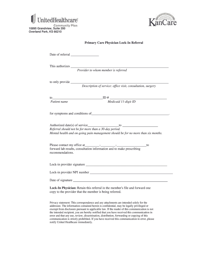 Fillable Online KanCare Primary Care Physician (PCP) Lock-In Referral ...