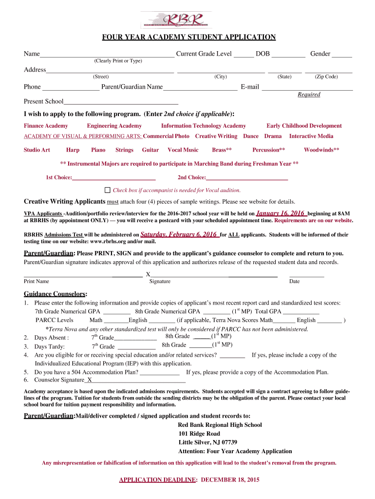 Fillable Online ACADEMY Application for 2015-2016 Fax Email Print ...