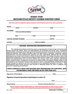 Fillable Online idaho star motorcycle safety course waiver form Fax ...