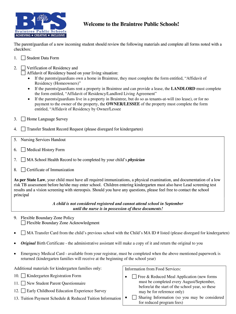 Fillable Online The Braintree Public School Department is pleased to ...