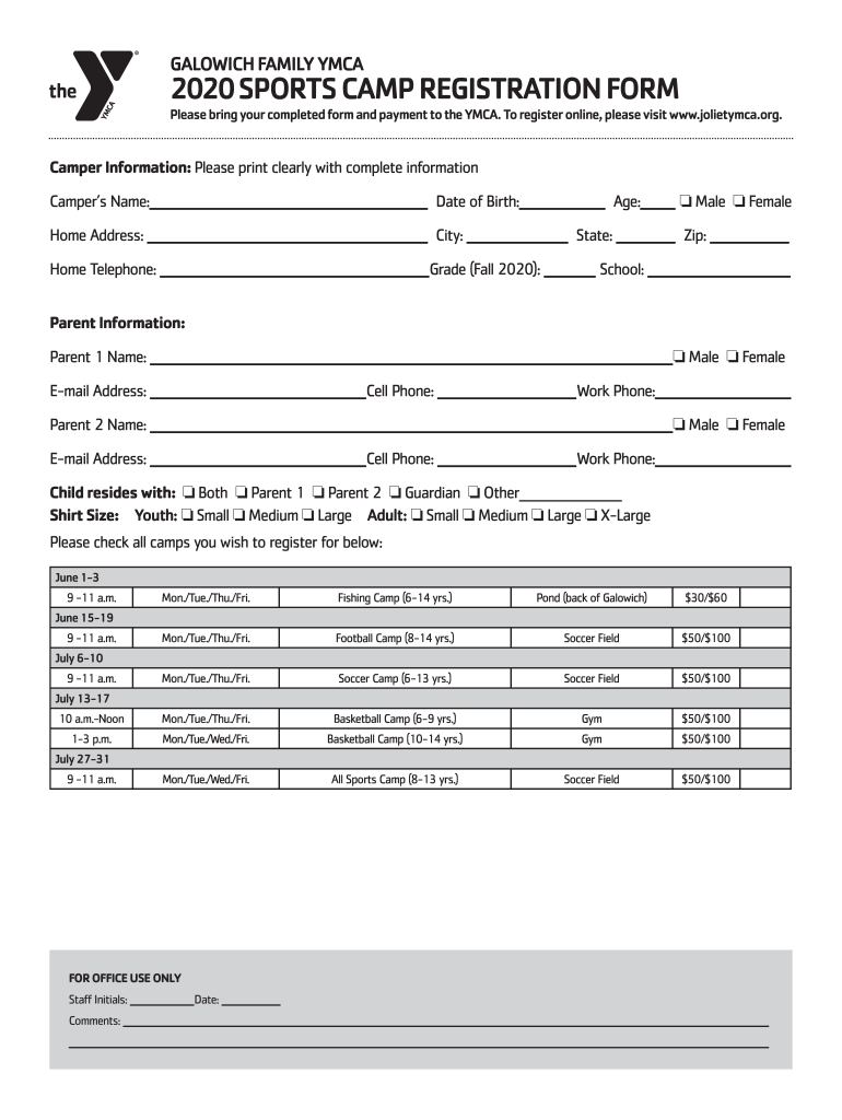Fillable Online 2020 sports camp registration form - Greater Joliet ...