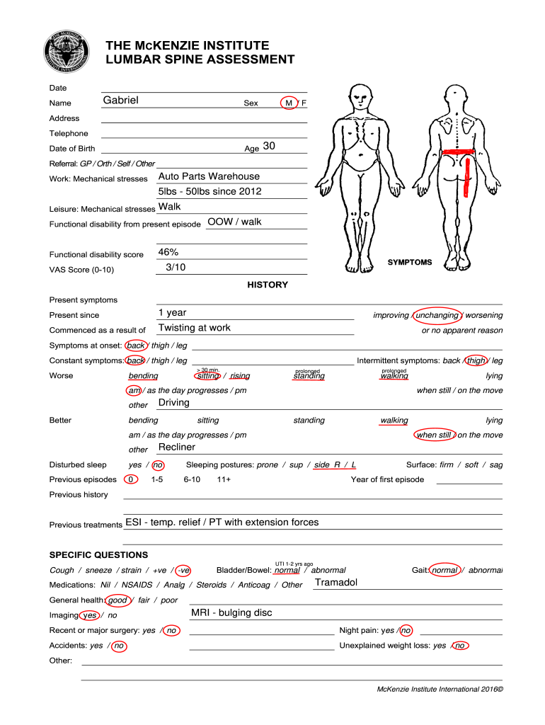 Fillable Online Lumbar Assessment Form - The McKenzie Institute, USA ...