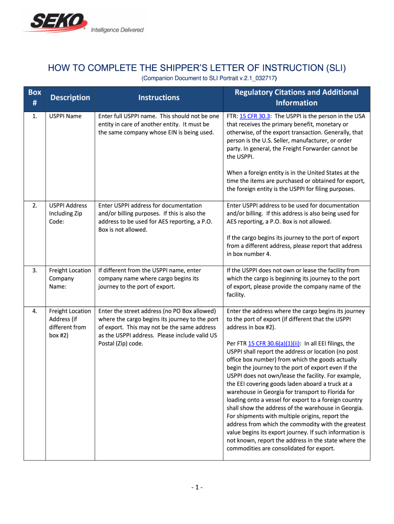 Fillable Online U.S. Shipper's Letter of Instruction (SLI) Completion ...