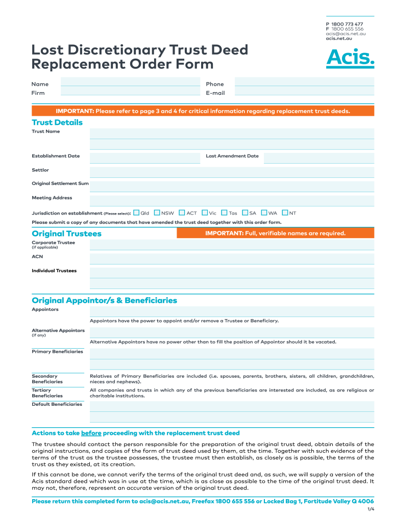 Fillable Online Lost SMSF Trust Deed Replacement Order Form Fax Email ...