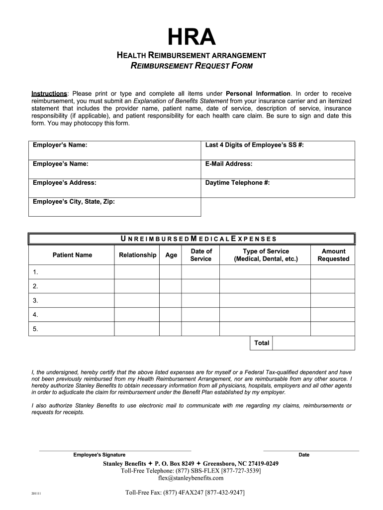 Fillable Online HRA Claim Reimbursement Form Fax Email Print - pdfFiller